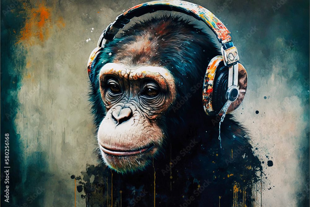 DJ monkey with headphones listening to music. Music graphite poster ...