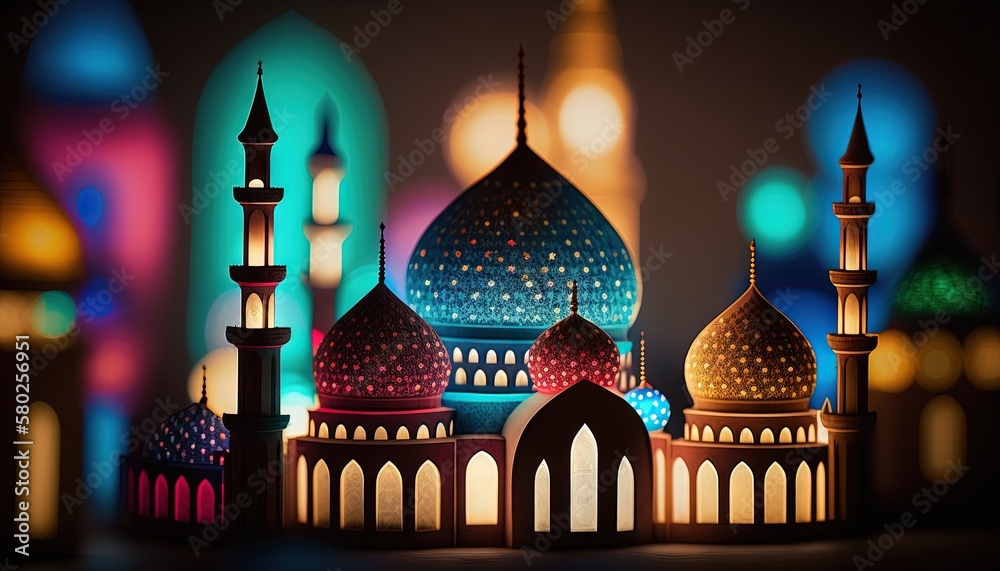 a colorful picture of a mosque in the middle of a night time scene with ...