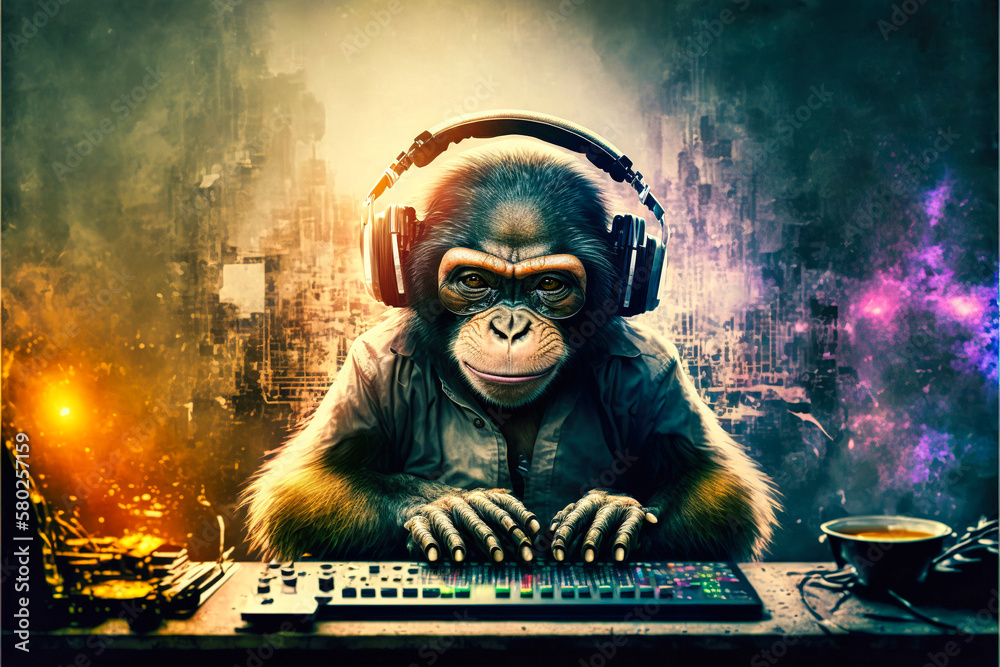 DJ monkey with headphones listening to music. Music graphite poster ...