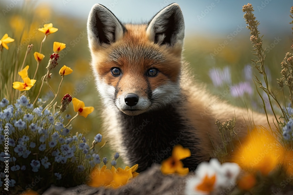 Theme of spring. A picture of a Red Fox puppy in a highland meadow with ...