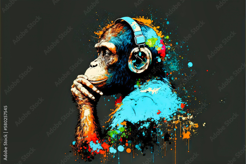 DJ monkey with headphones listening to music. Music graphite poster ...