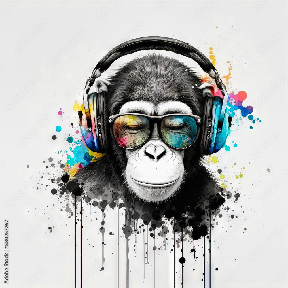 DJ monkey with headphones listening to music. Music graphite poster ...