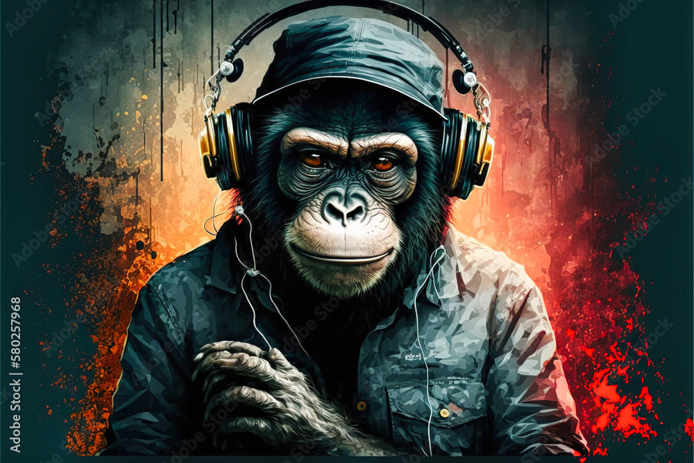 DJ monkey with headphones listening to music. Music graphite poster ...