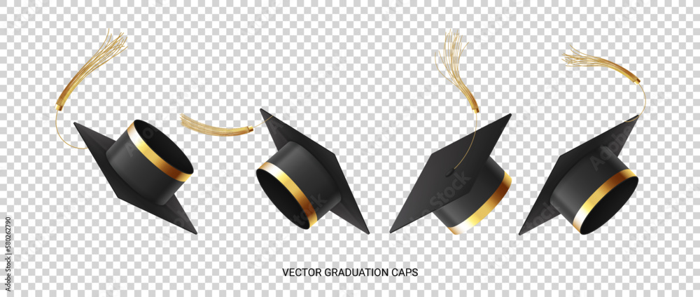 Falling graduation caps in air. Vector illustration with 3d black ...