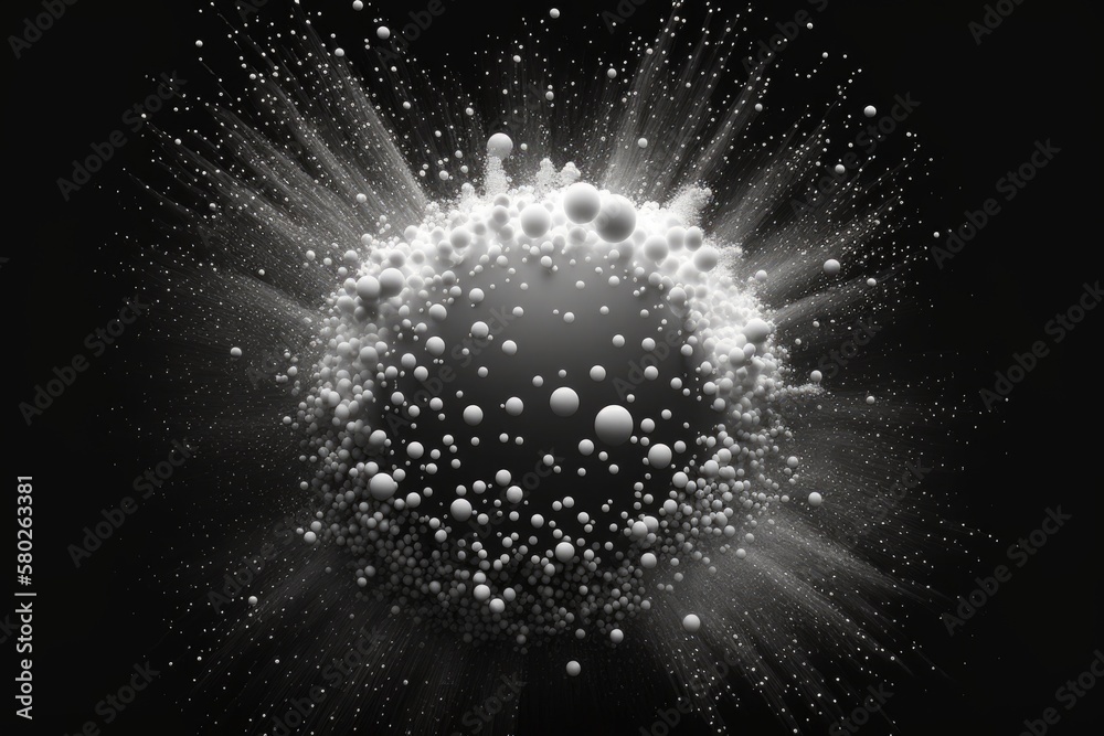The particles are white spheres against a black background. Abstract ...