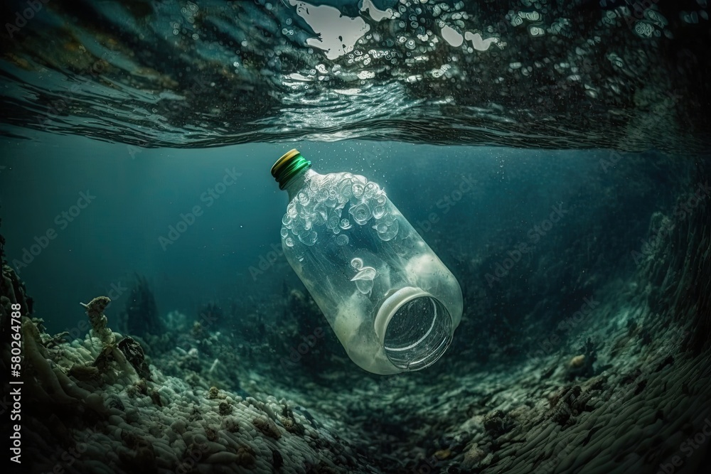 Underwater, a plastic garbage bottle bobs around in the clear sea water ...