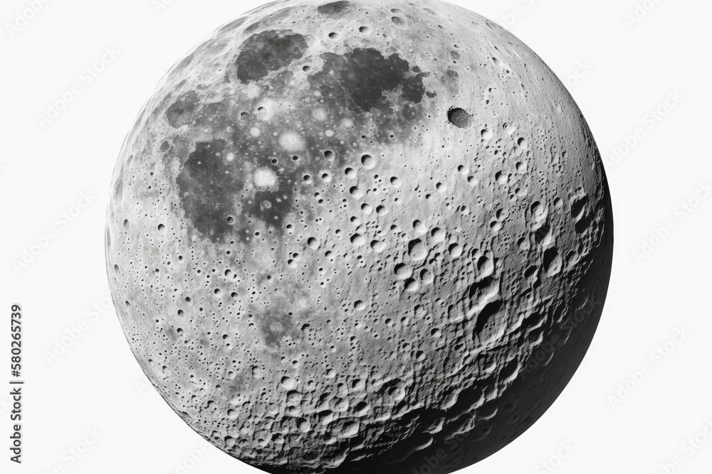 The moon, isolated on a white screen. ridges and craters on the moon ...