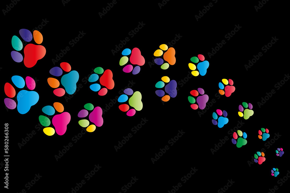 path and trail of colored dog footprints moving away animal footprint ...