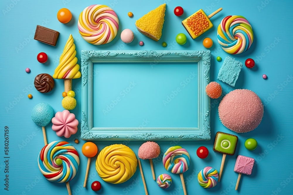 Vibrant candy in all shapes and sizes. Placed on a blue background ...