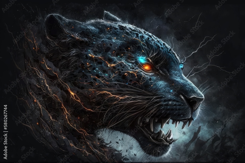 panther. In the night, the visage of a panther emerges, fangs snarling ...