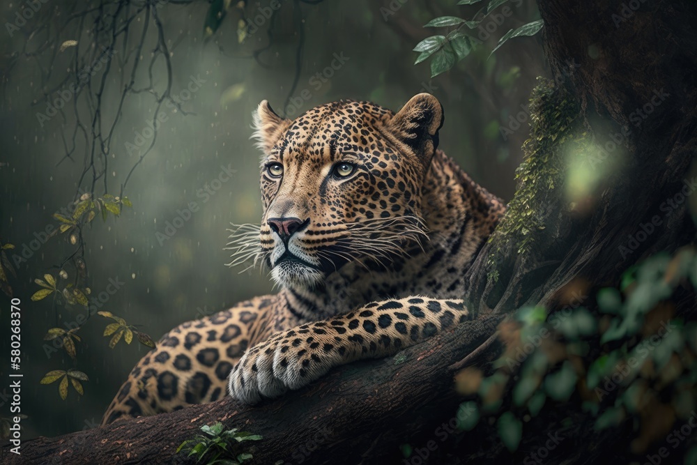 Photograph shows a male Indian leopard (Panthera pardus fusca) resting ...