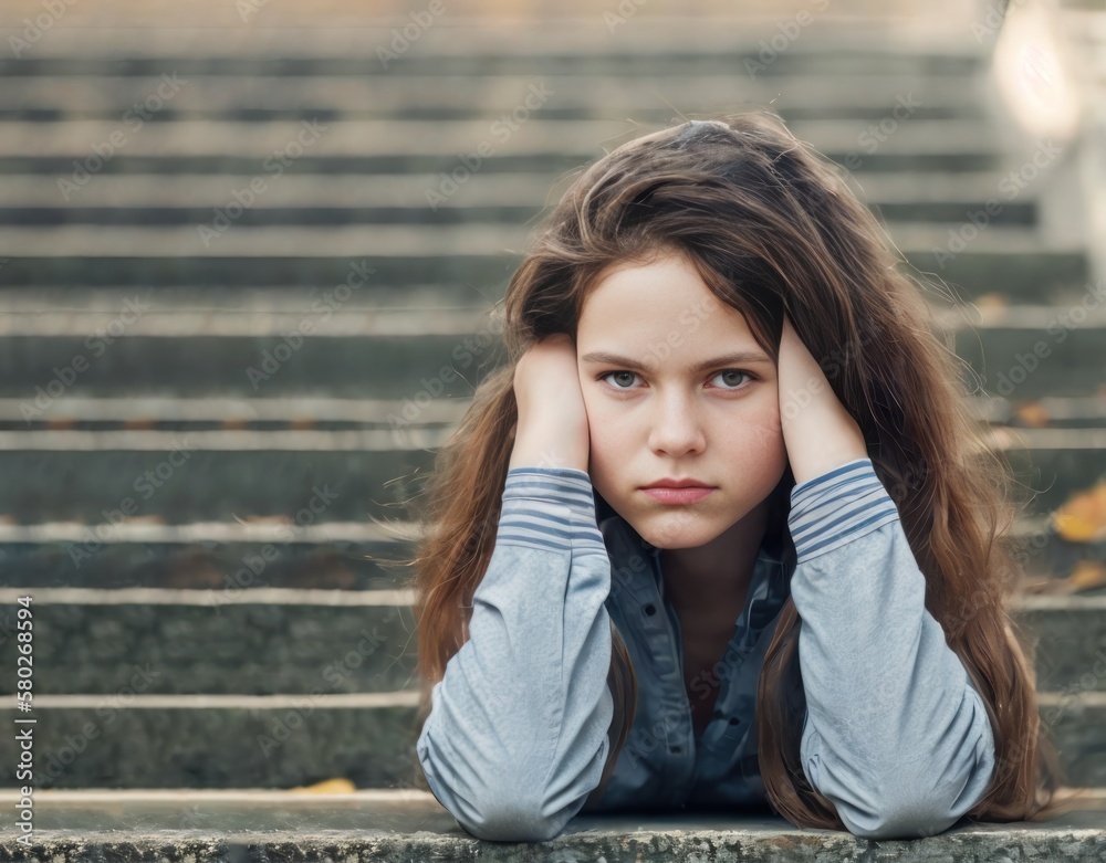 Depressed and sad teen girl sitting on a stair. Generative AI Stock ...