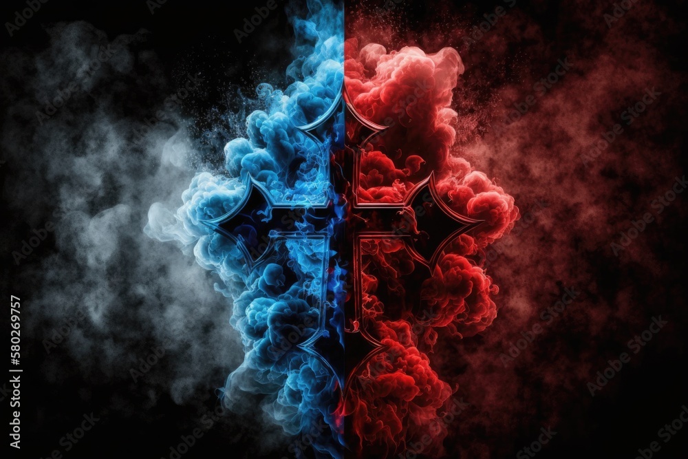 Red and blue smoke emanate from either side of a Christian cross ...