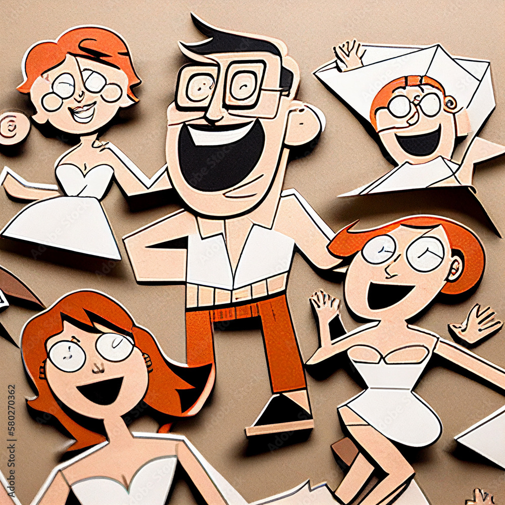 Paperboard Cutouts of Happy People in Cartoon Style AI generated Stock ...