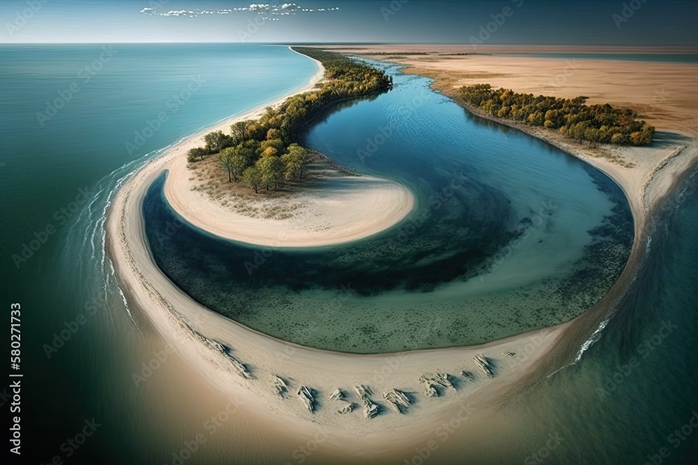 Kinburn Spit in the Ukraine, where two oceans meet, from above. Sunny ...