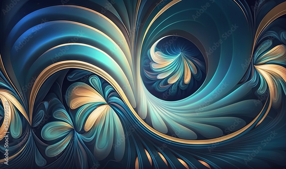 a computer generated image of a blue and gold swirl design on a black ...