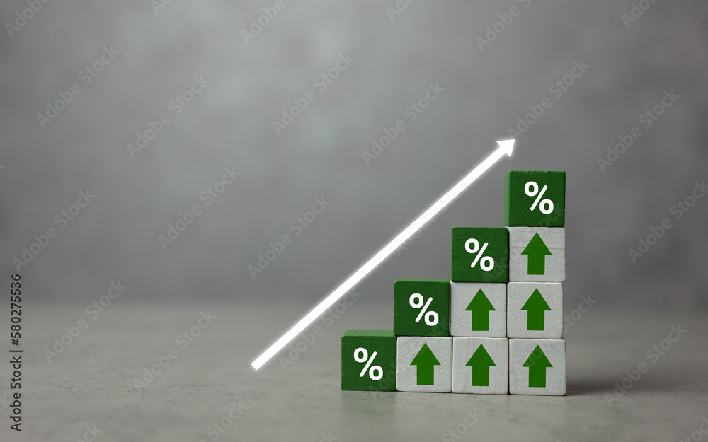 Green wooden cubes with icon percentage above arrow pointing up. The ...