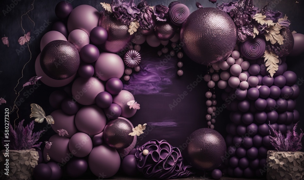 a painting of purple and purple balloons and flowers on a black ...