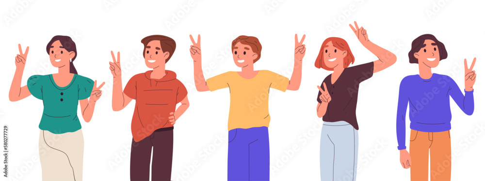 People showing peace sign. Cheerful male and female characters with ...