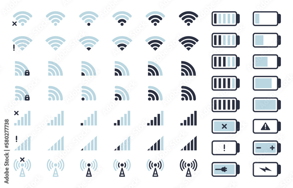 Smartphone wifi and battery icons. Mobile phone indicators, battery ...