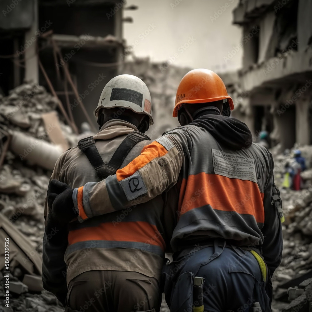 Rescuers in uniform and helmets dismantle the rubble of houses after ...