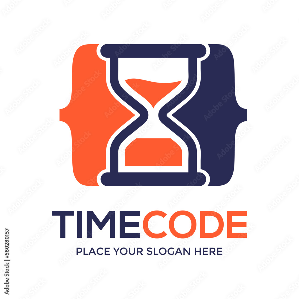 Time code vector logo template. This design use hourglass and code ...