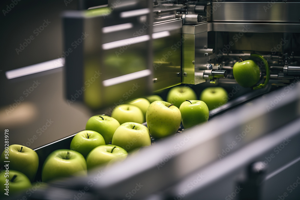Apples in a food processing facility, clean and fresh, ready for ...