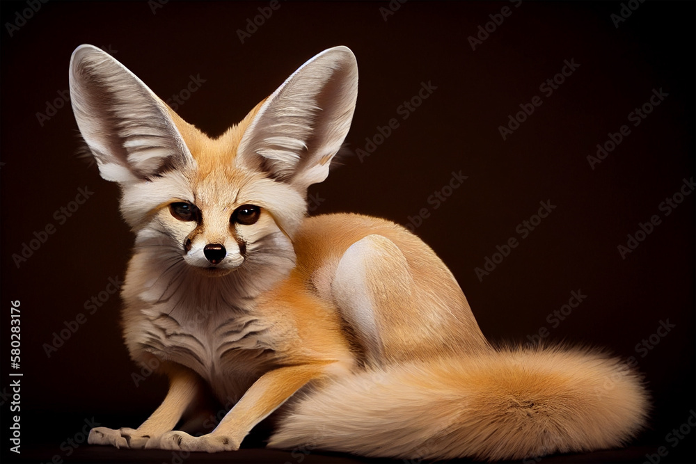 Cute fennec fox portrait in front of brown isolated studio background ...