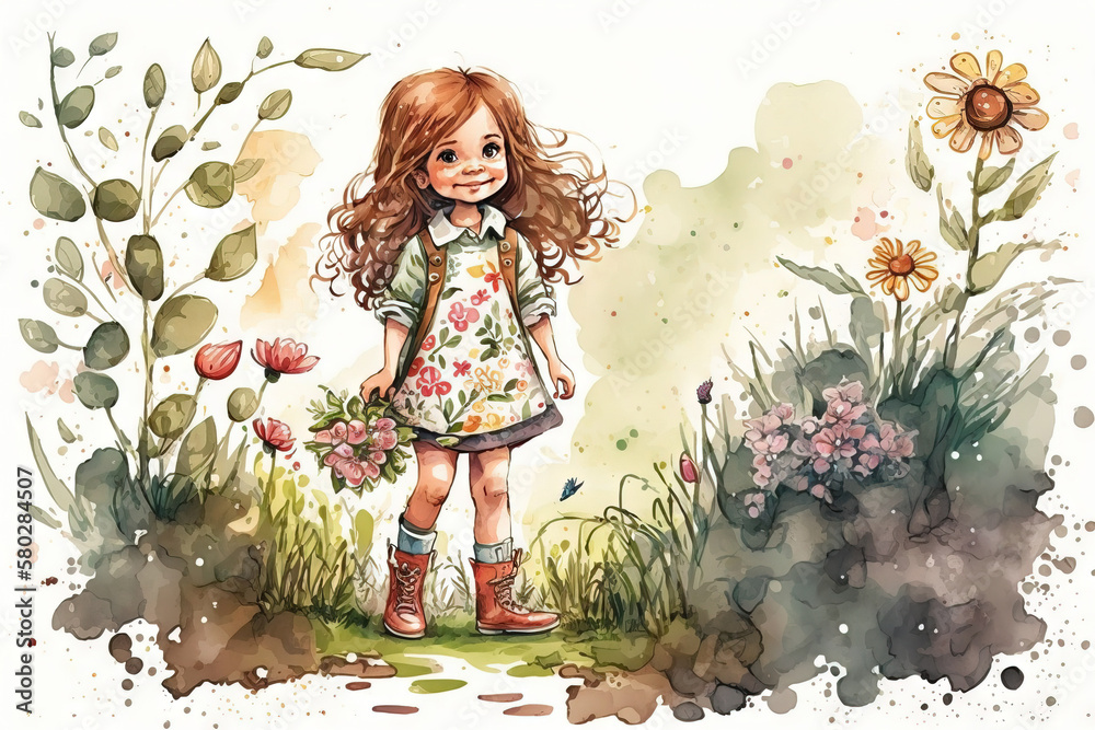 Cute girl cartoon watercolor style. Generative ai Stock Illustration ...
