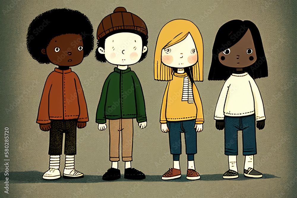 Cartoon of a group of young diverse multiracial boy and girl children ...