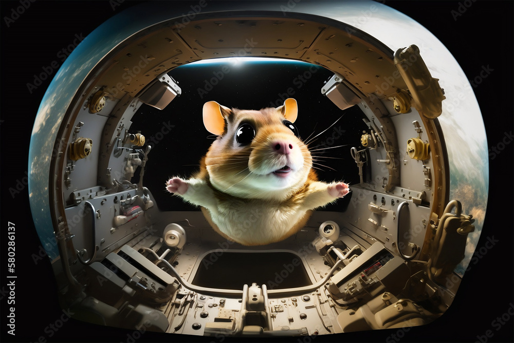 Astronaut hamster flying inside a spaceship during cosmic flight ...