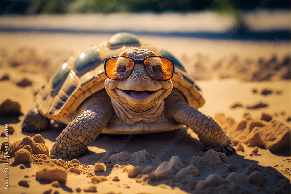 Cheerful smiling turtle in sunglasses on the sea beach, animal on ...