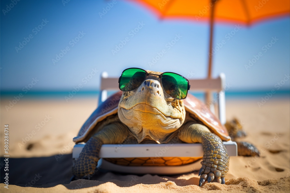 Turtle in sunglasses on a sea beach lying on a sun lounger, animal on ...