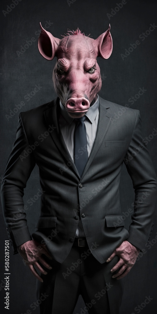 Pig with red eyes and evil face dressed as a businessman created using generative AI technology ...
