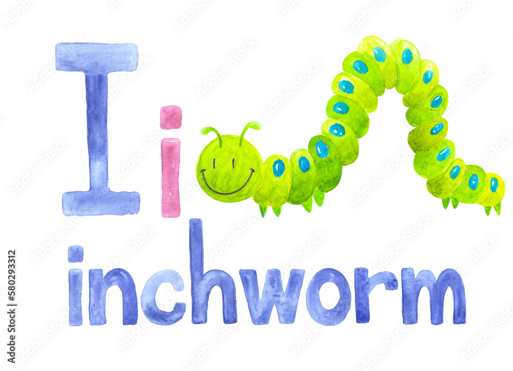 Aquarelle letter I for written word "inchworm", pictured book, card for ...