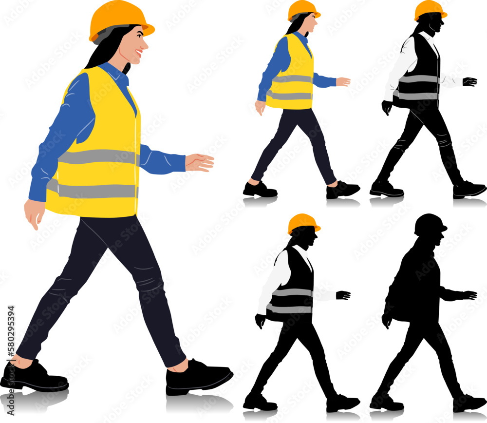 Female construction worker walking wearing helmet and vest. Different ...