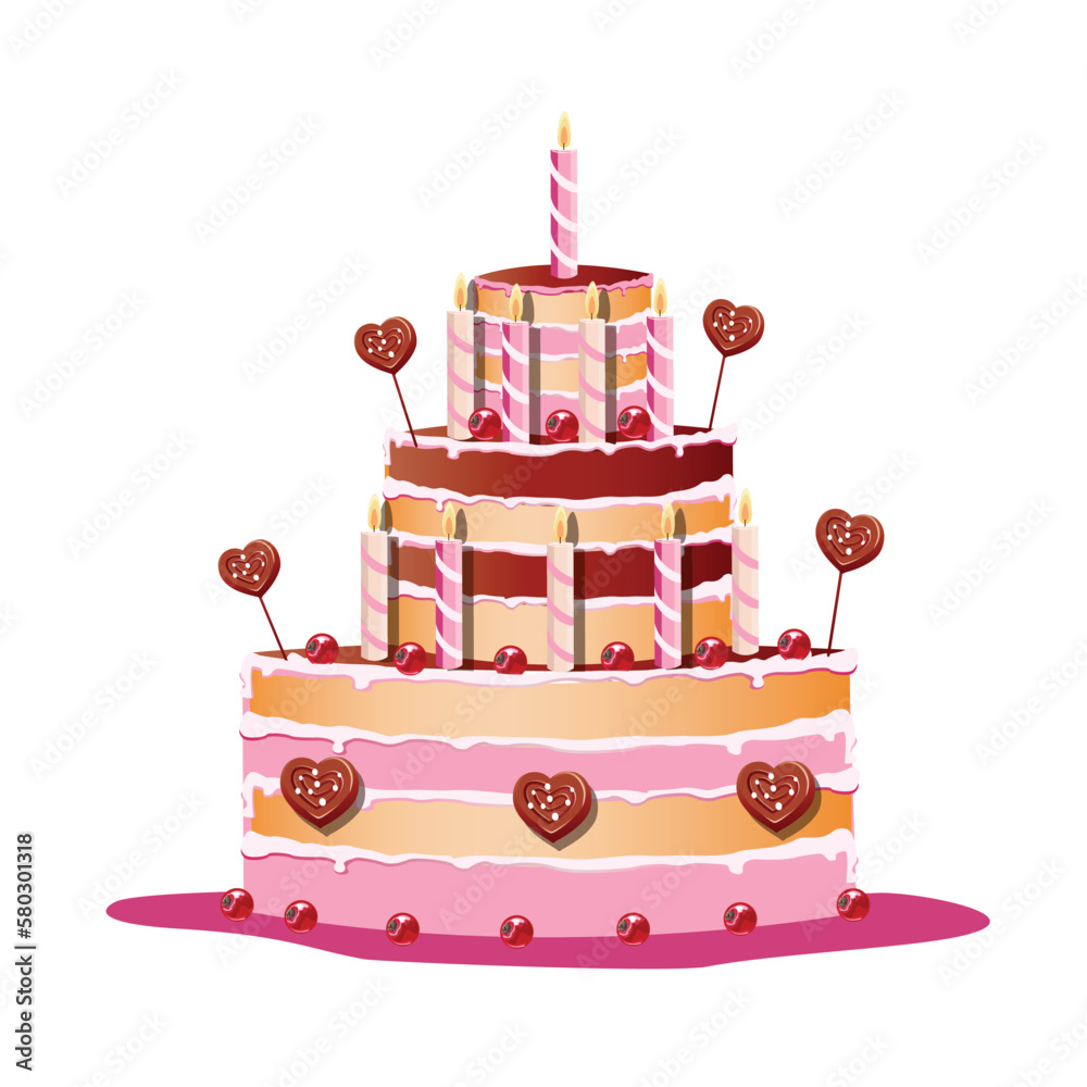 Tiered cake with pink candles and decoration of berries and chocolate ...