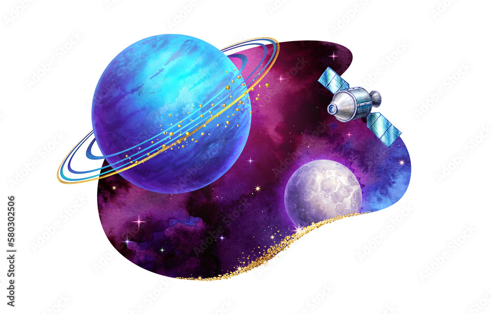 watercolor illustration. Curvy shape cosmic sticker with stars, blue ...