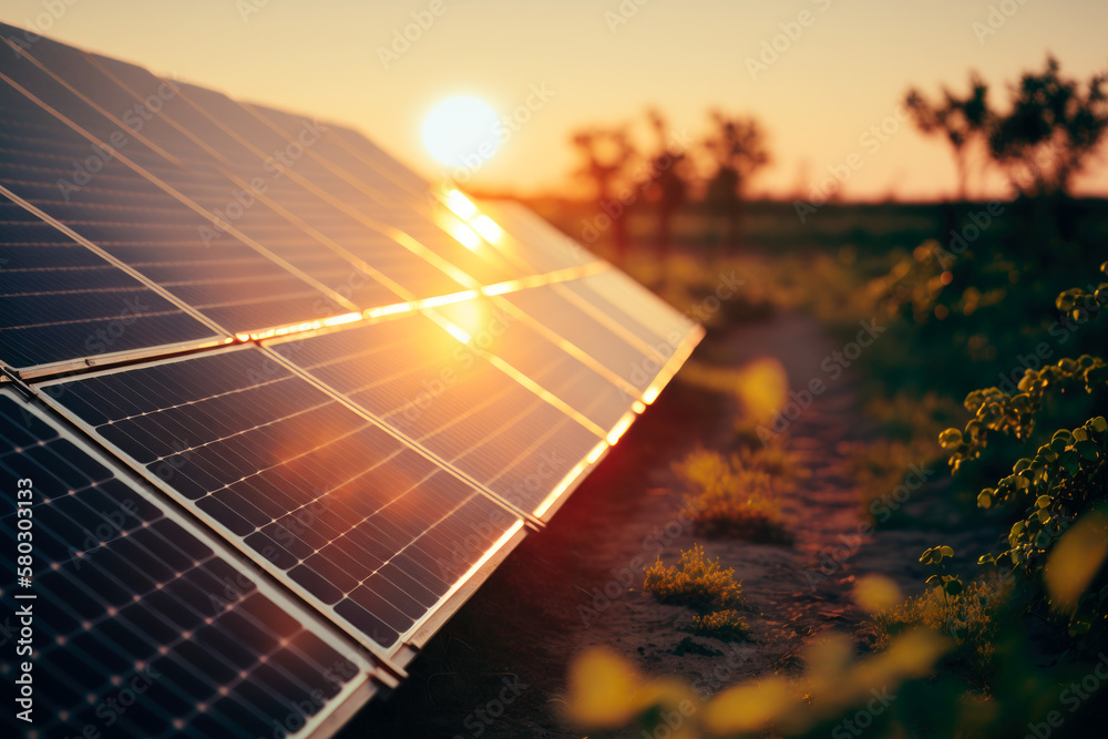 Photovoltaic solar panels on sunset sky background green. generative ai ...