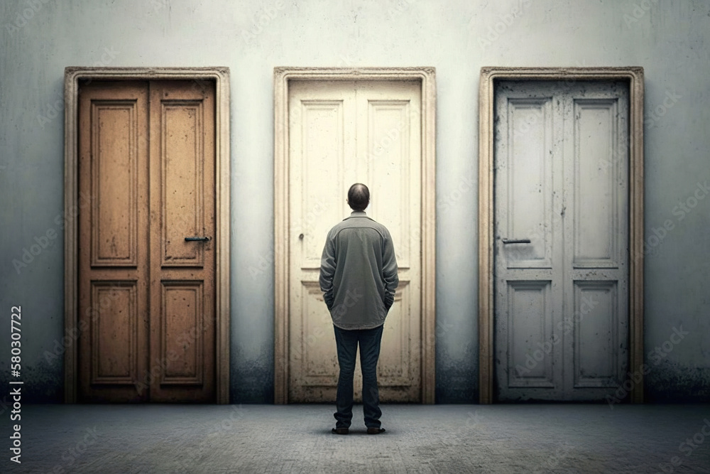 Man standing in front of vintage doors choosing right one, choice ...