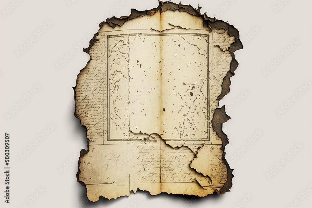 A single piece of vertically oriented, old, burned paper or a map with ...