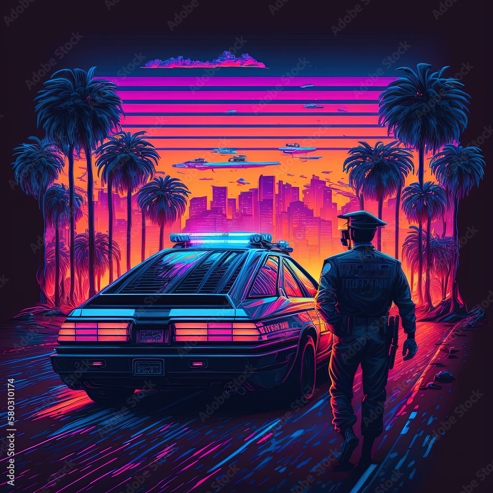 Retrowave style police squad in action, featuring officers and ...