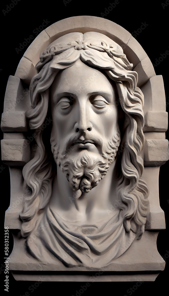 Statue of Jesus Christ head isolated on black Blackground with copy ...