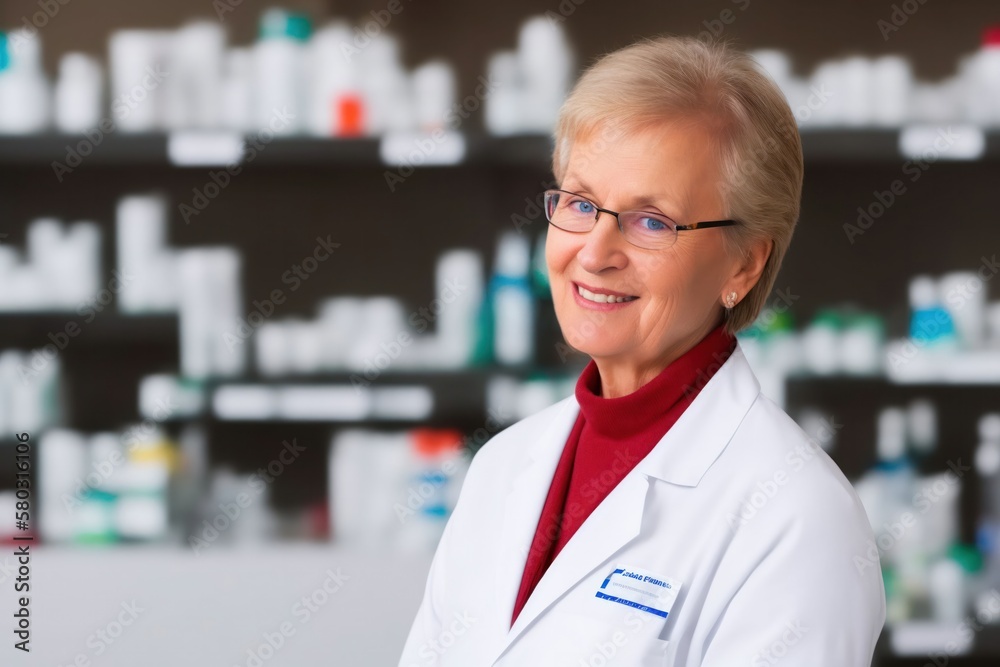 A 60-year-old pharmacist stands confidently, wearing a white coat and ...