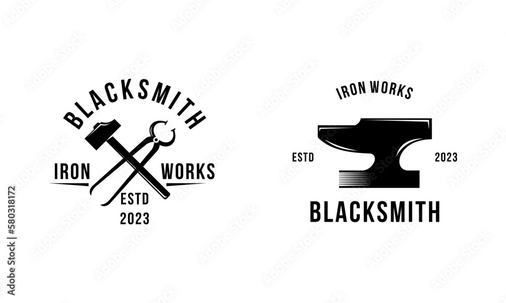 Blacksmith and iron works emblems design element for logo Stock Vector ...