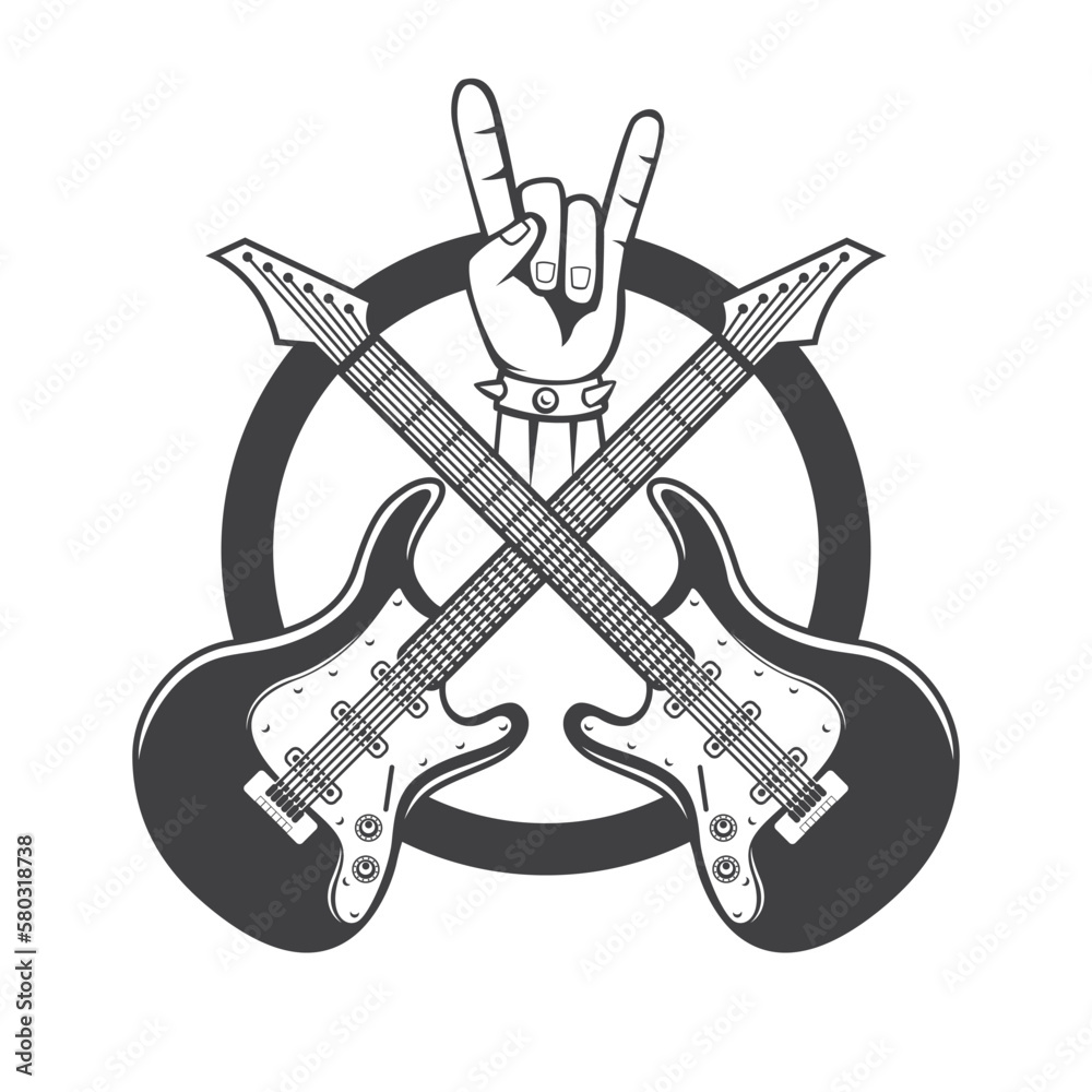 metal hand sign with crossed electric guitar black and white Stock ...