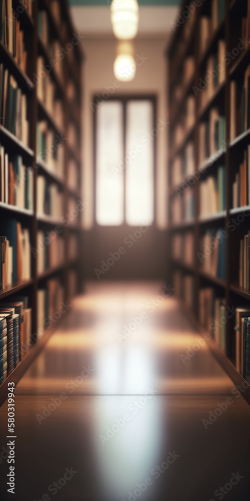 College library interior space. Blurry classroom with bookshelves by ...