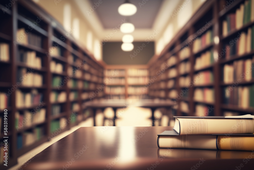 College library interior space. Blurry classroom with bookshelves by ...