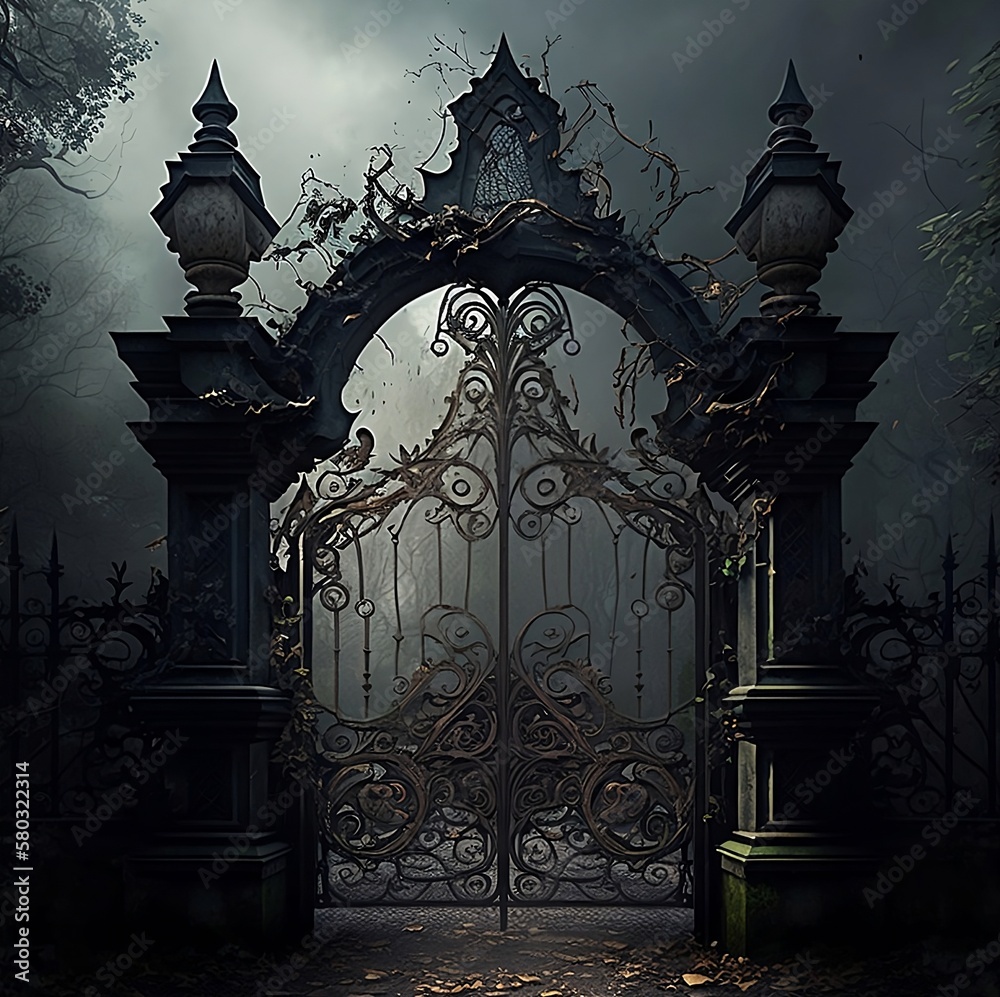fog shrouded scary, gothic cemetery gates Illustration Stock | Adobe Stock