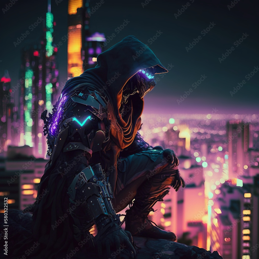 Assassin cyborg en capuche et masque, accroupi sur un toit de ville ...